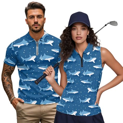 Binienty Shark Pattern Matching Couple Golf Shirts Comfortable Dry Fit