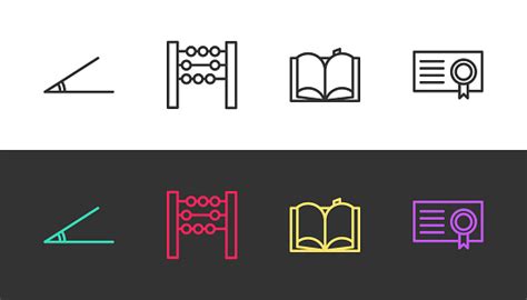 Set Line Acute Angle Abacus Open Book And Certificate Template On Black And White Vector Stock