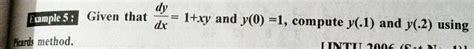 solved example 5 dy given that dx 1 xy and y 0 1 compute