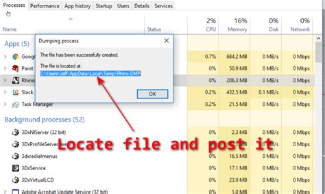 manually creating a memory dump dmp file from an unresponsive rhino