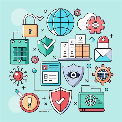 Cybersecurity And Data Protection Concept With Icons Of Lock Globe Virus Shield And More