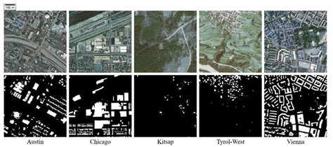 close up of images in five different areas of inria aerial dataset
