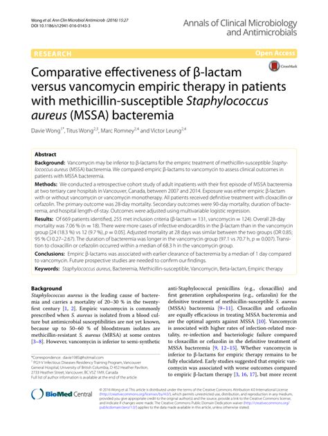 Pdf Comparative Effectiveness Of β Lactam Versus Vancomycin Empiric Therapy In Patients With