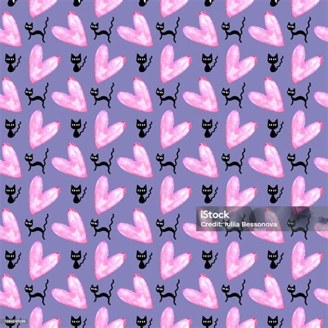 하트와 고양이와 귀여운 매끄러운 패턴 배경 포장지 포장 인사말 카드 인쇄물 커버 직물 직물 생일 발렌타인 데이를위한 낭만적 인 질감 0명에 대한 스톡 벡터 아트 및 기타