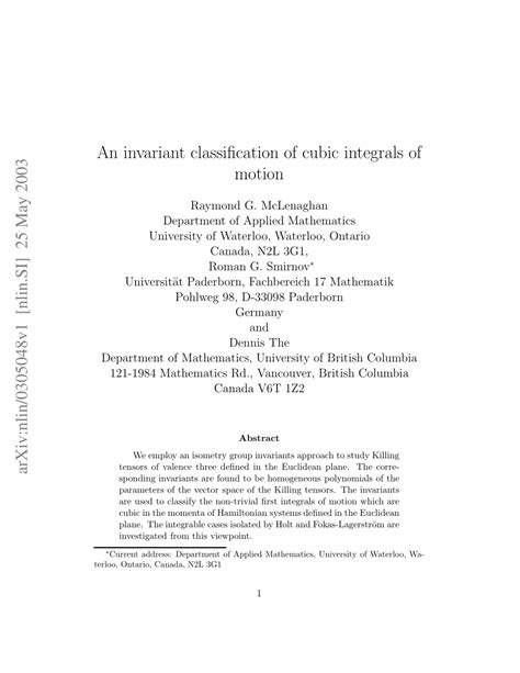 Pdf An Invariant Classification Of Cubic Integrals Of Motion
