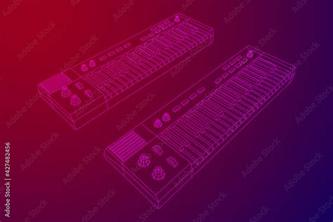 Piano Roll Analog Synthesizer Faders Buttons Knobs Wireframe Low Poly Mesh Vector Illustration