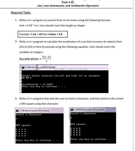 Solved Task 02 Cin Cout Statements And Arithmetic Chegg