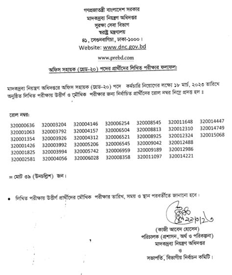 মাদকদ্রব্য নিয়ন্ত্রণ অধিদপ্তর নিয়োগ পরীক্ষার ফলাফল ২০২৩