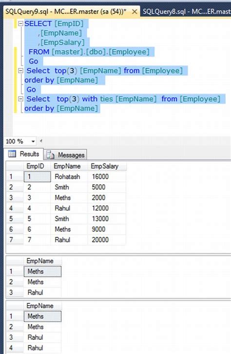 Select Query Using Top With Ties Clause In Sql Server 2012