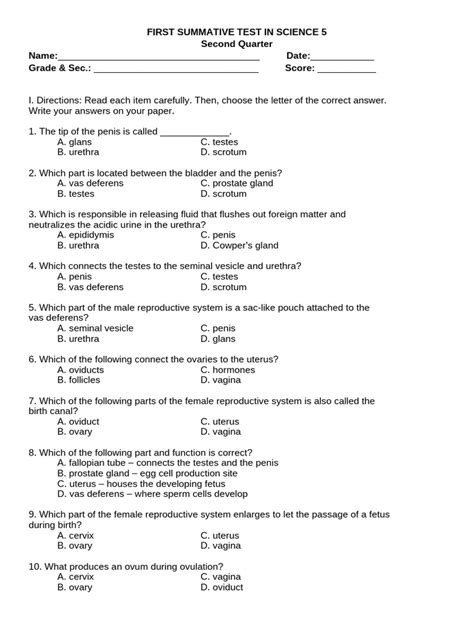 First Summative Test In Science 5 Pdf Menstrual Cycle Female Mammals