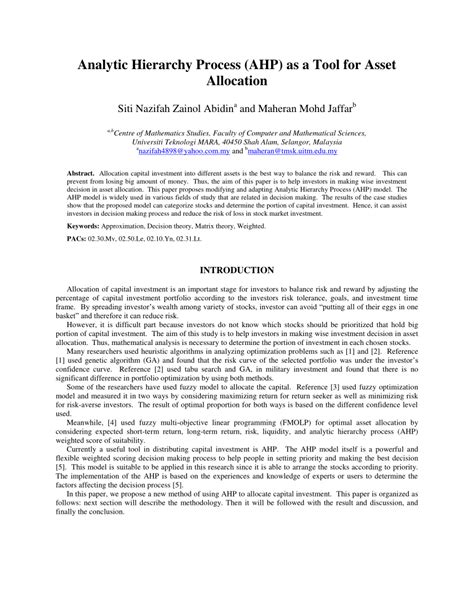PDF Analytic Hierarchy Process AHP As A Tool For Asset Allocation