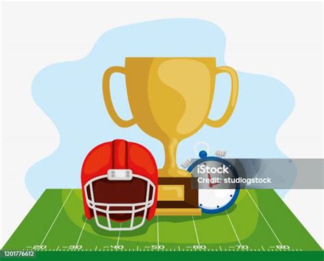 축구 필드 미국에서 트로피 크로노미터와 헬멧의 포스터 Championship에 대한 스톡 벡터 아트 및 기타 이미지 Championship 경기 스포츠 경기장