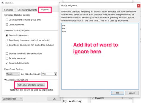 Word Frequency Options Scrivener Classes