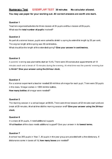 Numeracy Test A2 Exemplar Sewctet June 2013 Numeracy Test Exemplar
