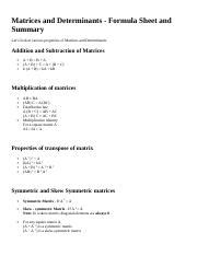 Matrices And Determinants Formula Sheet And Summary Docx Matrices And Determinants Formula