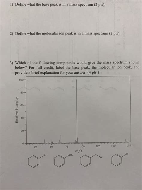 Solved 1 Define What The Base Peak Is In A Mass Spectrum 2