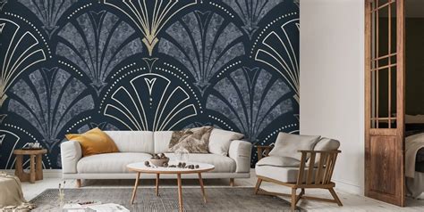 Art Deco Blue Gold Wall Mural Wallsauce Uk