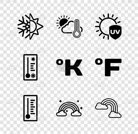 日落和雪花，温度计云，太阳，紫外线保护，气象温度计，彩虹与云，开尔文图标。向量素材 花瓣网