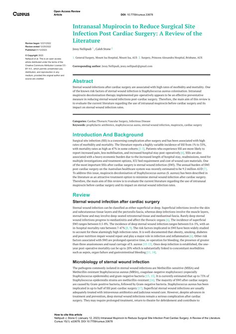 Pdf Intranasal Mupirocin To Reduce Surgical Site Infection Post Cardiac Surgery A Review Of