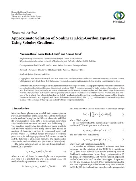 Pdf Approximate Solution Of Nonlinear Klein Gordon Equation Using Sobolev Gradients