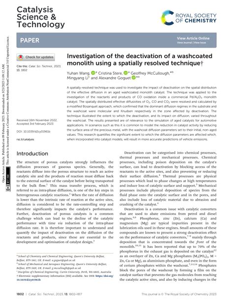 Pdf Investigation Of The Deactivation Of A Washcoated Monolith Using