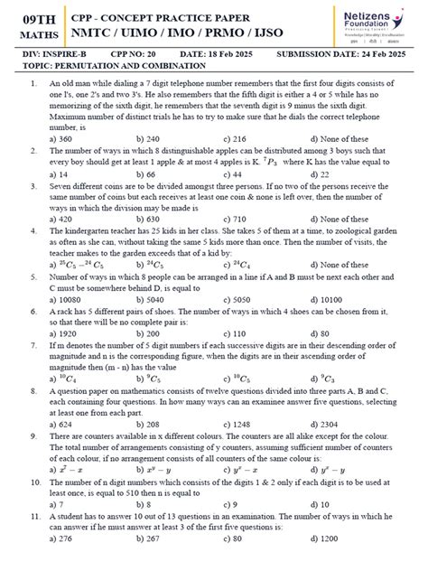 N1 9th Inspire B Maths Permutation And Combination Cpp 20