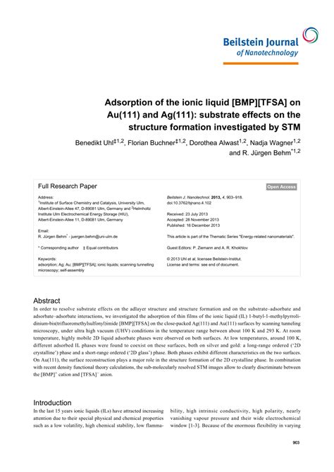 Pdf Adsorption Of The Ionic Liquid Bmp Tfsa On Au111 And Ag111 Substrate Effects On