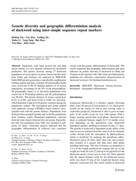 pdf genetic diversity and geographic differentiation analysis of