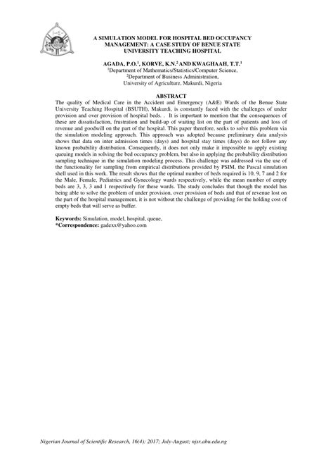 PDF A SIMULATION MODEL FOR HOSPITAL BED OCCUPANCY MANAGEMENT A CASE STUDY OF BENUE STATE