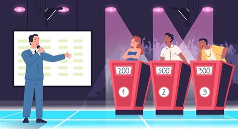 게임 퀴즈 쇼 사람들 경연 대회 텔레비전 게임 플레이어 남자와 여자가 버튼으로 스탠드에 서서 질문에 대답 Tv 발표자 똑똑하고 박식한 경쟁 벡터 일러스트 레이 션 물음표에