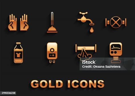 전기 보일러 산업 파이프 및 밸브 압력 수량계 깨진 세척제 병 수도꼭지 고무 장갑 및 플런저 아이콘을 설정합니다 벡터 검은색에 대한 스톡 벡터 아트 및 기타 이미지 Istock