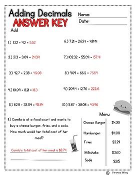 Adding Decimals Worksheet By Veronica Wong TPT