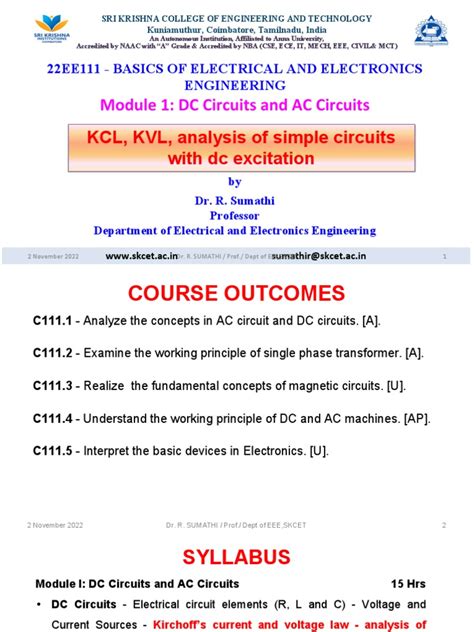 Module 1: DC Circuits and AC Circuits: KCL, KVL, Analysis of Simple Circuits With DC Excitation ...