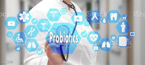 의학 배경에 아이콘 터치 스크린에 Probiotics 병원에서 의사를 흐리게 혁신 치료 서비스 건강 데이터 분석입니다 의료 의료 개념은 Probiotics의 프로바이오틱에