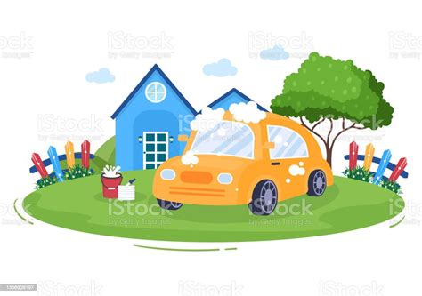 세차 서비스 플랫 디자인 일러스트 배경 포스터 또는 배너에 대한 스폰지 비누와 물을 사용하여 자동차를 세척하는 근로자 개념에 대한 스톡 벡터 아트 및 기타 이미지 Istock