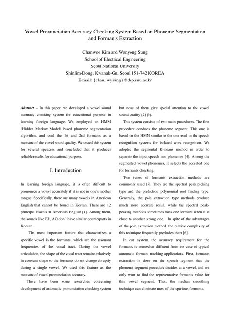 Pdf Vowel Pronunciation Accuracy Checking System Based On Phoneme Segmentation And Formants
