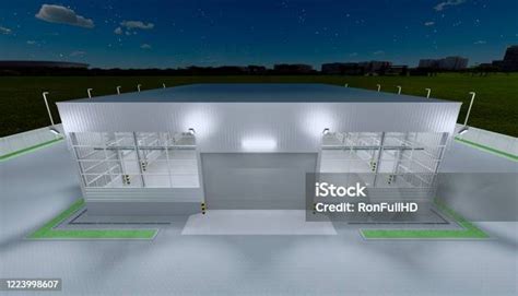 격납고 건물 외부 및 셔터 도어 및 야간 포장 벽돌 바닥의 3d 렌더링 0명에 대한 스톡 사진 및 기타 이미지 0명 3차원 형태 강철 Istock