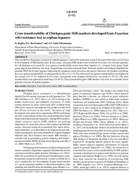 Pdf Cross Transferability Of Chickpea Genic Ssr Markers Developed From Fusarium Wilt