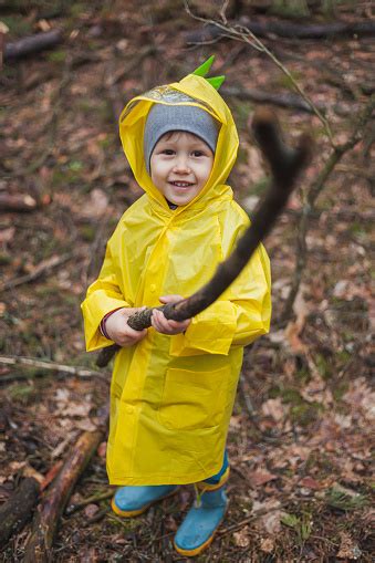 비가 내린 후 숲에서 걷고 나무 막대기를 손에 들고 노란 비옷을 입은 아이가 카메라를 보세요 가을에 대한 스톡 사진 및 기타 이미지 Istock
