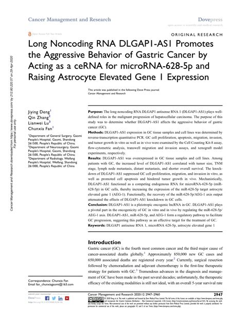 Pdf Long Noncoding Rna Dlgap1 As1 Promotes The Aggressive Behavior Of