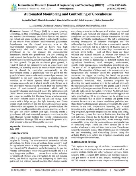Irjet Automated Monitoring And Controlling Of Greenhouse Pdf