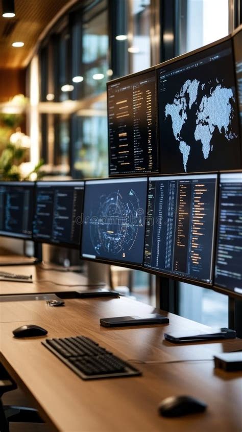 High-tech Control Room Featuring Multiple Large Screens Displaying Global Cyber Threat Analytics ...