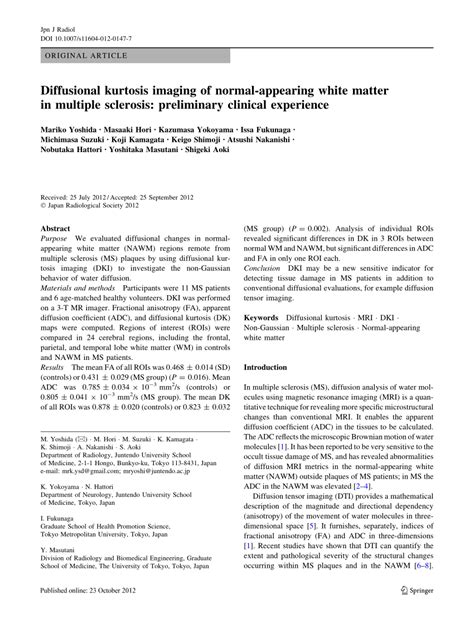 Pdf Diffusional Kurtosis Imaging Of Normal Appearing White Matter In Multiple Sclerosis