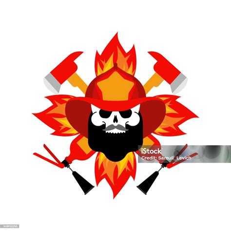 헬멧 표지판에 소방관 두개골 불 도끼와 화염 소방서 기호입니다 소방관 엠블럼 구조에 대한 스톡 벡터 아트 및 기타 이미지 구조 도끼 라벨 Istock