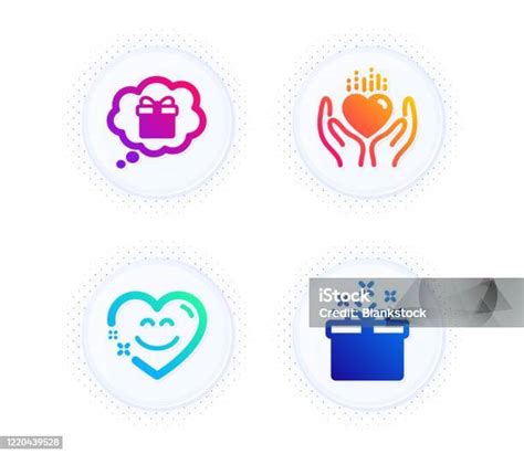 하트 스마일 채팅 및 선물 꿈 아이콘 세트를 개최합니다 특별 제공 기호입니다 케어 사랑 심장 얼굴 선물을받을 수 있습니다 벡터 기포에 대한 스톡 벡터 아트 및 기타 이미지