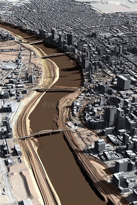 Satellite Scan Model Of An Urban River With Gis And Lidar Data Visualizing Elevation And