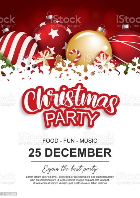 유리 공과 선물 상자가 있는 메리 크리스마스 파티는 전단지 브로셔 배경 초대장 테마 개념입니다 해피 홀리데이 인사말 배너와 카드 템플릿입니다 크리스마스에 대한 스톡 벡터
