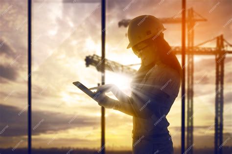 Premium Photo Female Site Engineer With White Hardhat And Silhouette