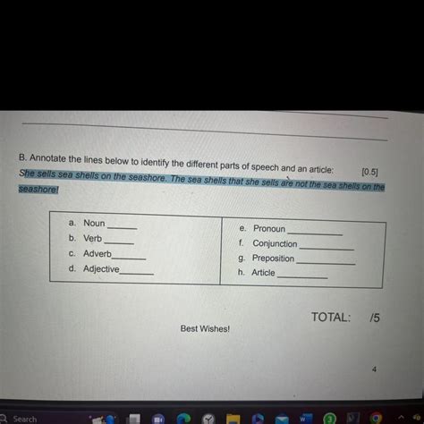B Annotate The Lines Below To Identify The Different Parts Of Speech