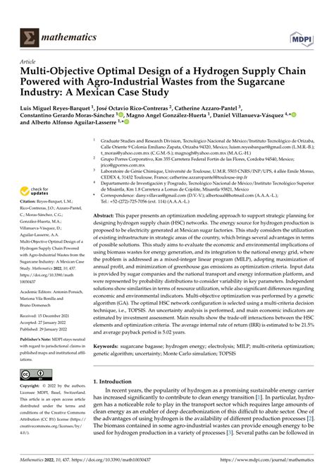 Pdf Multi Objective Optimal Design Of A Hydrogen Supply Chain Powered With Agro Industrial
